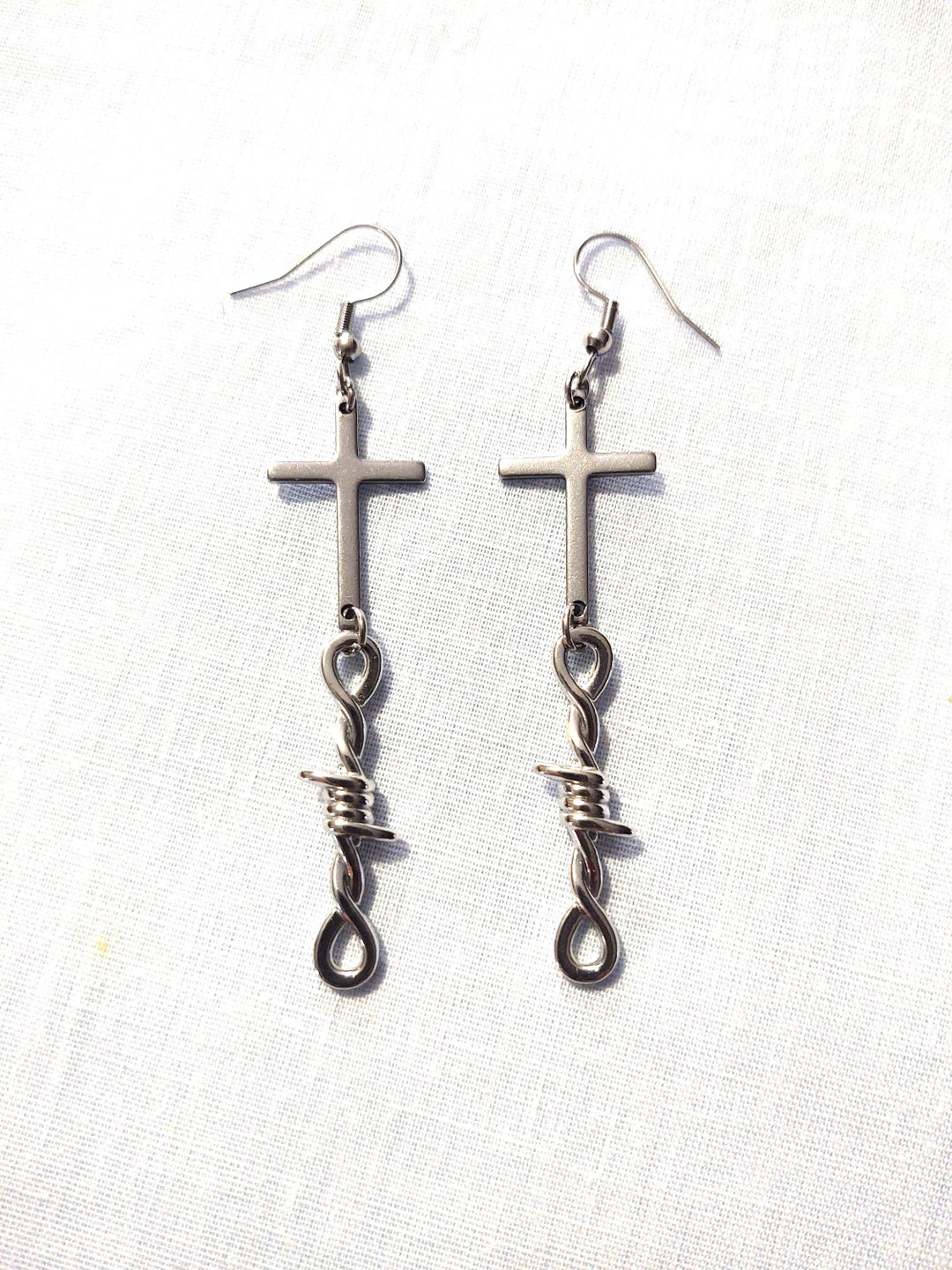 Cross With Barbed Wire Twist Loop Dangling to 2 1/2 Inches Long Pair of ...