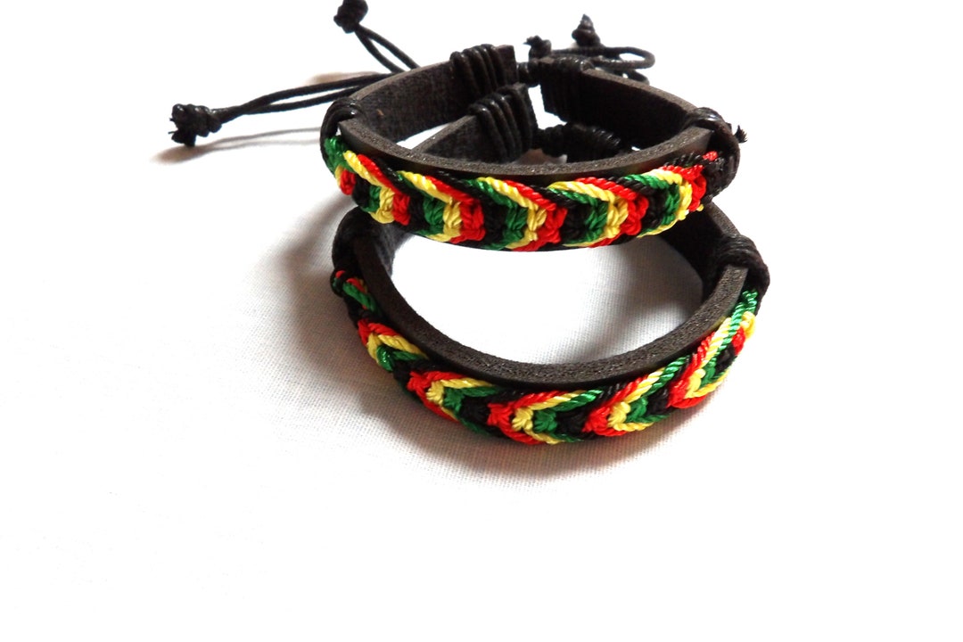 Set of 2 BLACK Leather With RASTA Color Weave Adjustable Slide Cord ...