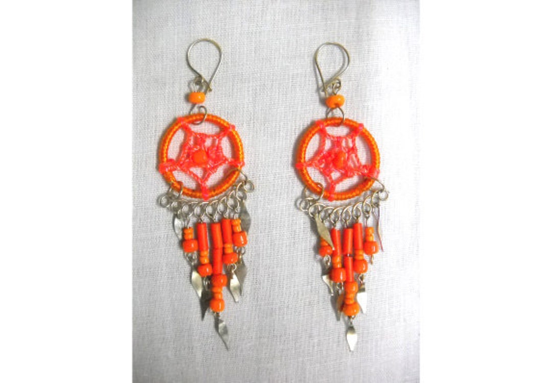 Native Inspired Bright ORANGE & Silver Accents String Web Dream Catcher ...
