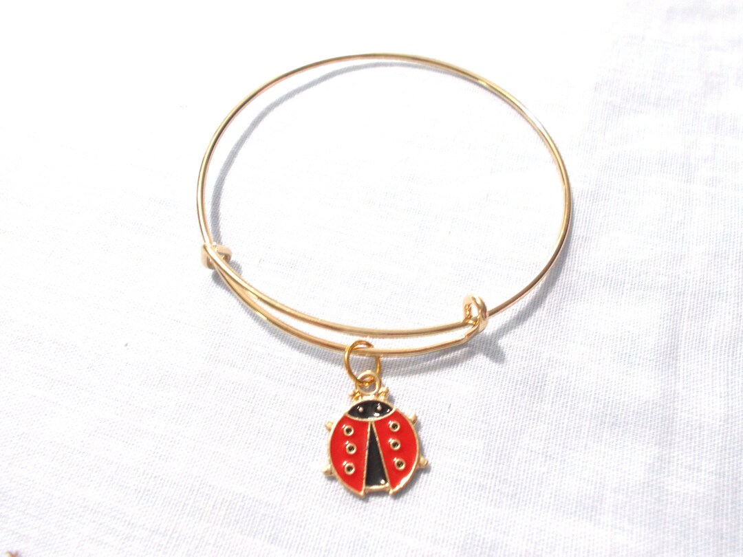 Lucky Ladybug Lady Bug Color Enamel Goldtone Charm on Gold Tone Bangle ...
