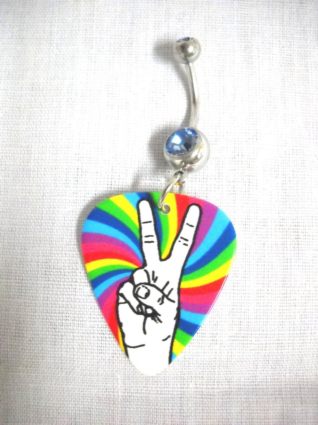 Colorful Rainbow Peace Sign Hand Symbol Custom Printed Guitar Pick on Dazzling 14g Baby Blue CZ ...
