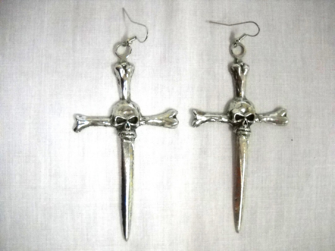 Xlarge Big SKULL CROSS Sword Dagger Solid Hand Cast Silver Color Pewter ...