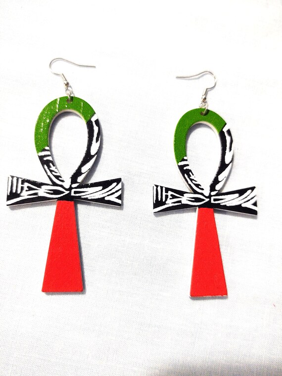Egyptian ANKH Green Black White Red Painted Colors Long Wooden - Etsy