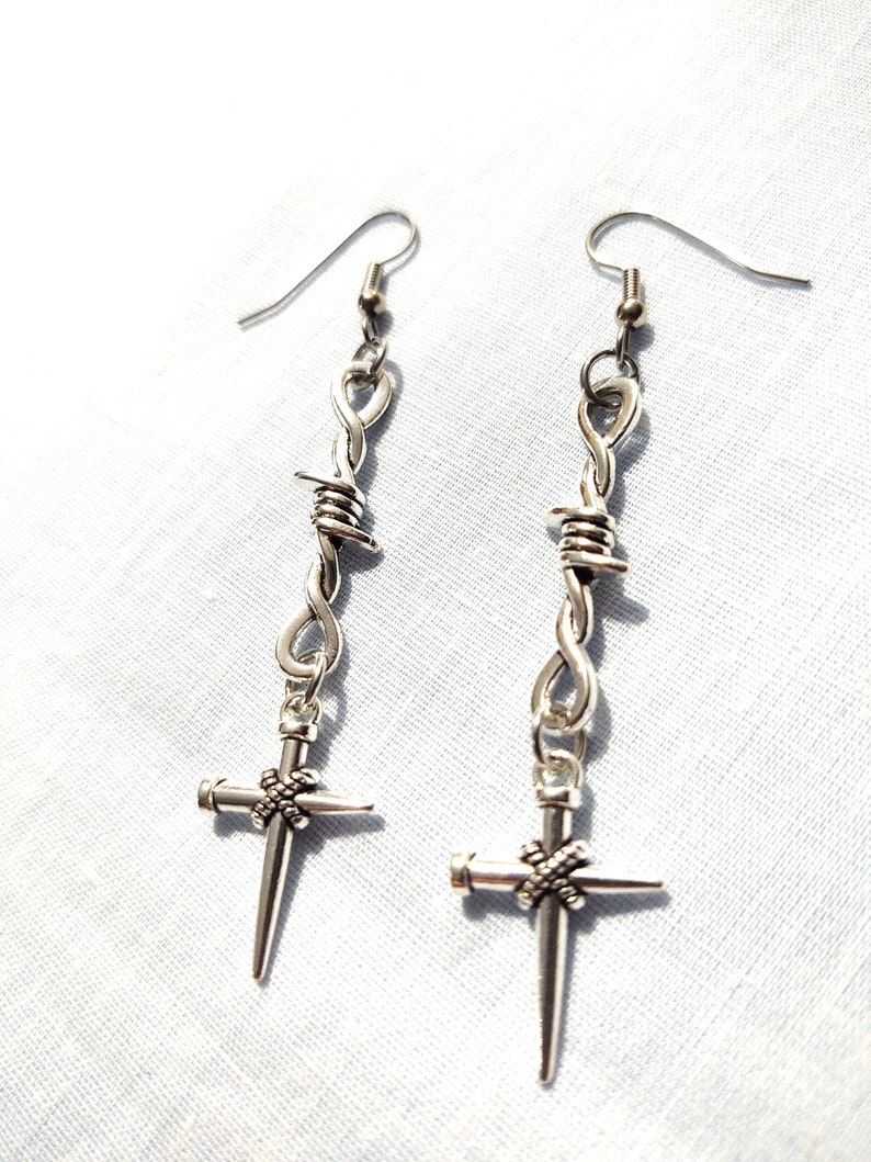 Barbed Wire Loop and Nail Cross Double Dangling Silver Color - Etsy