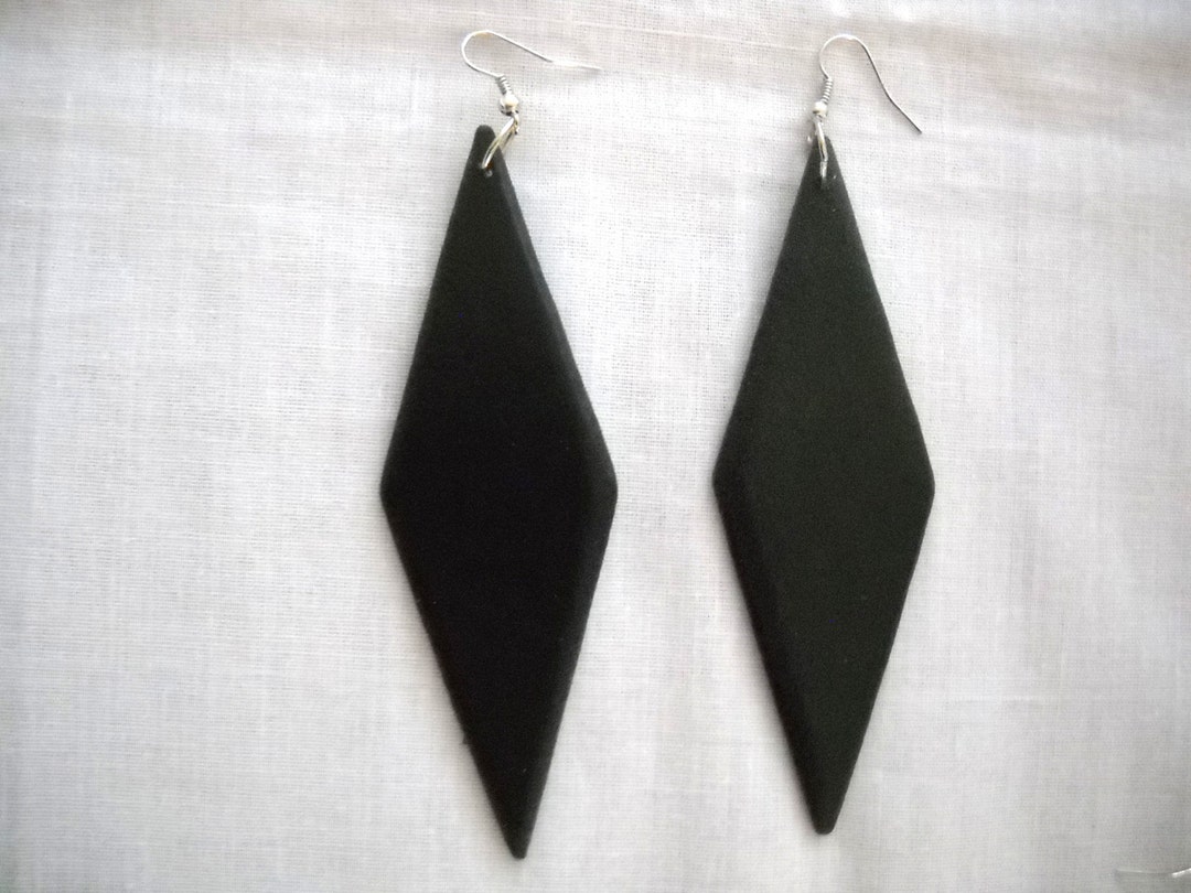 Bohemian Bold Large Size Solid JET BLACK Wooden Diamond Shape Dangling ...