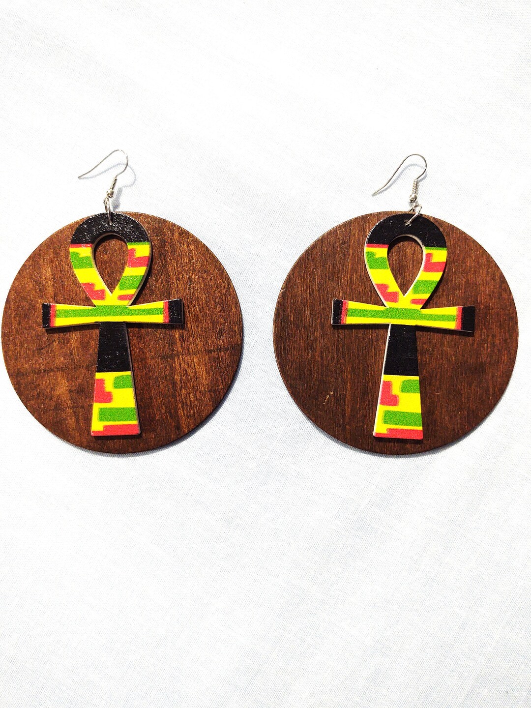 Rasta ANKH on HUGE Brown Round Wooden Separate 2 Part Dangling Reggae ...