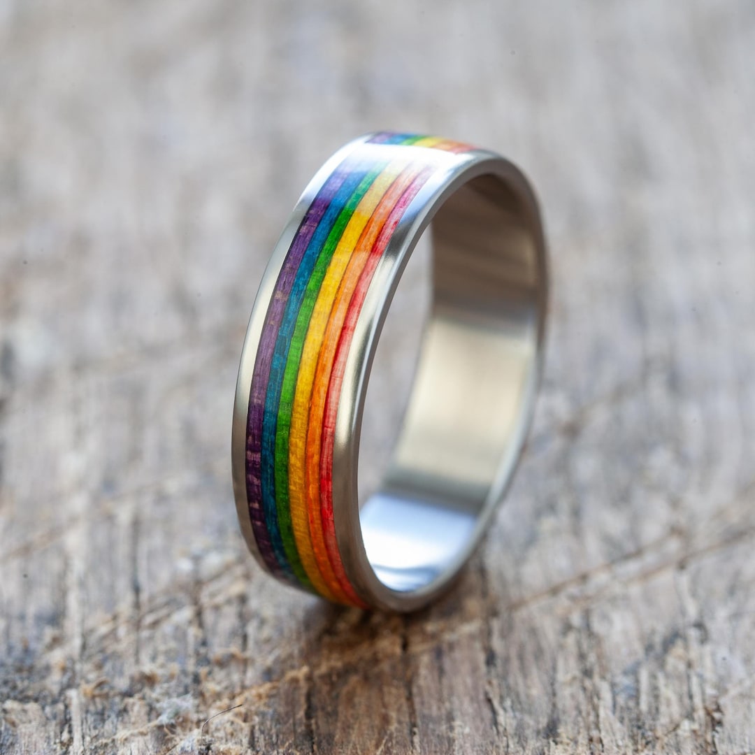 LGBT Ring Pride Gift Titanium Recycled Skateboards Wooden Rainbow Color ...
