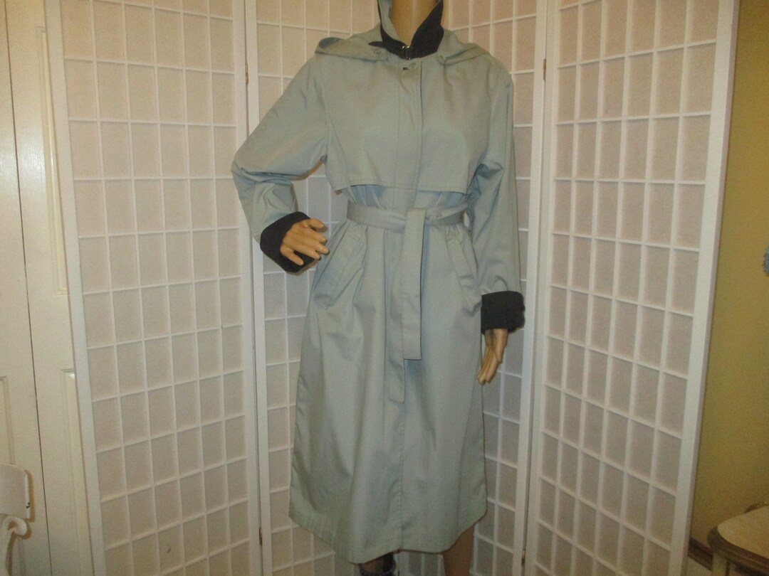 London Fog Hooded Belted Trench Coat Light Blue With Navy Trim 8 Petite ...