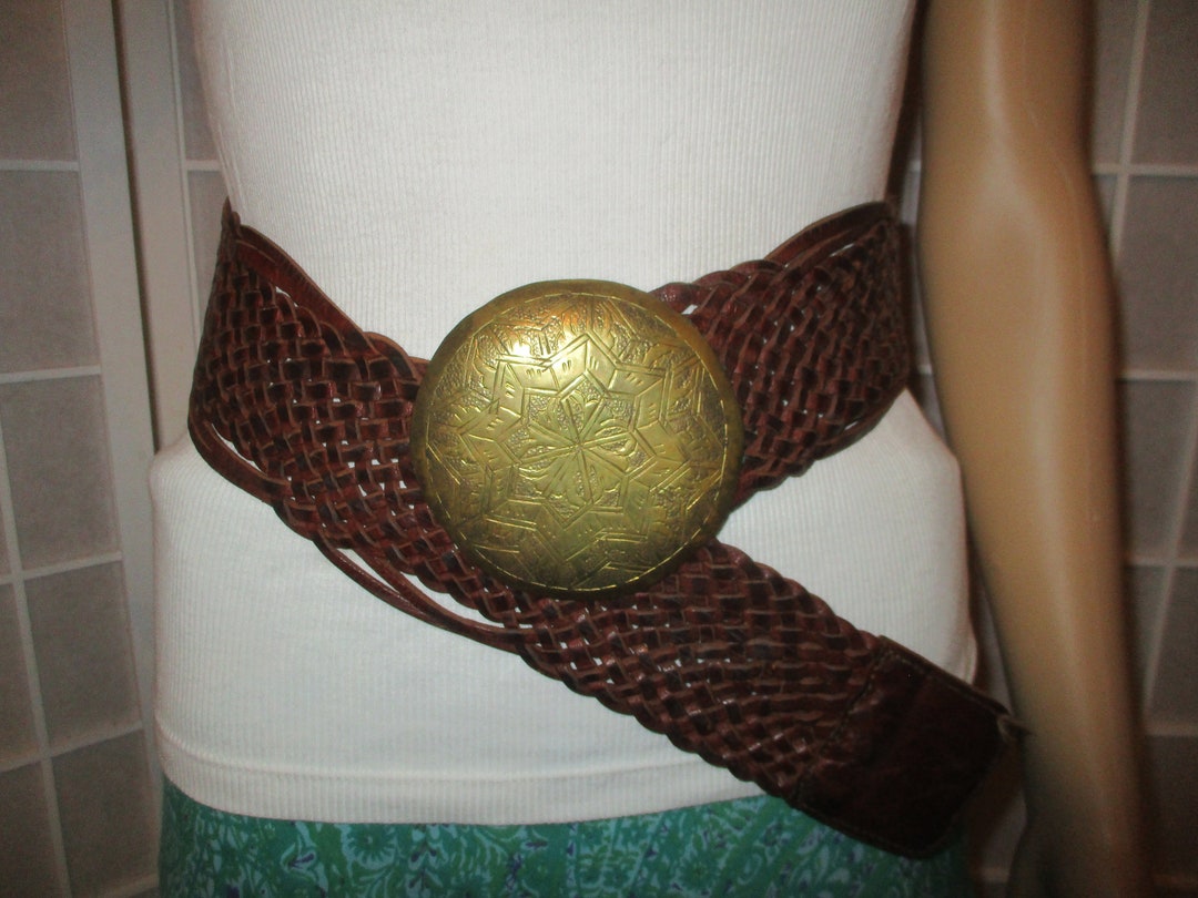 Vintage Wide Woven Boho Leather Belt With Etched Brass Medallion Buckle ...