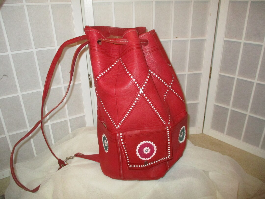 Vintage Red Leather Drawstring Sling Bucket Bag - Etsy