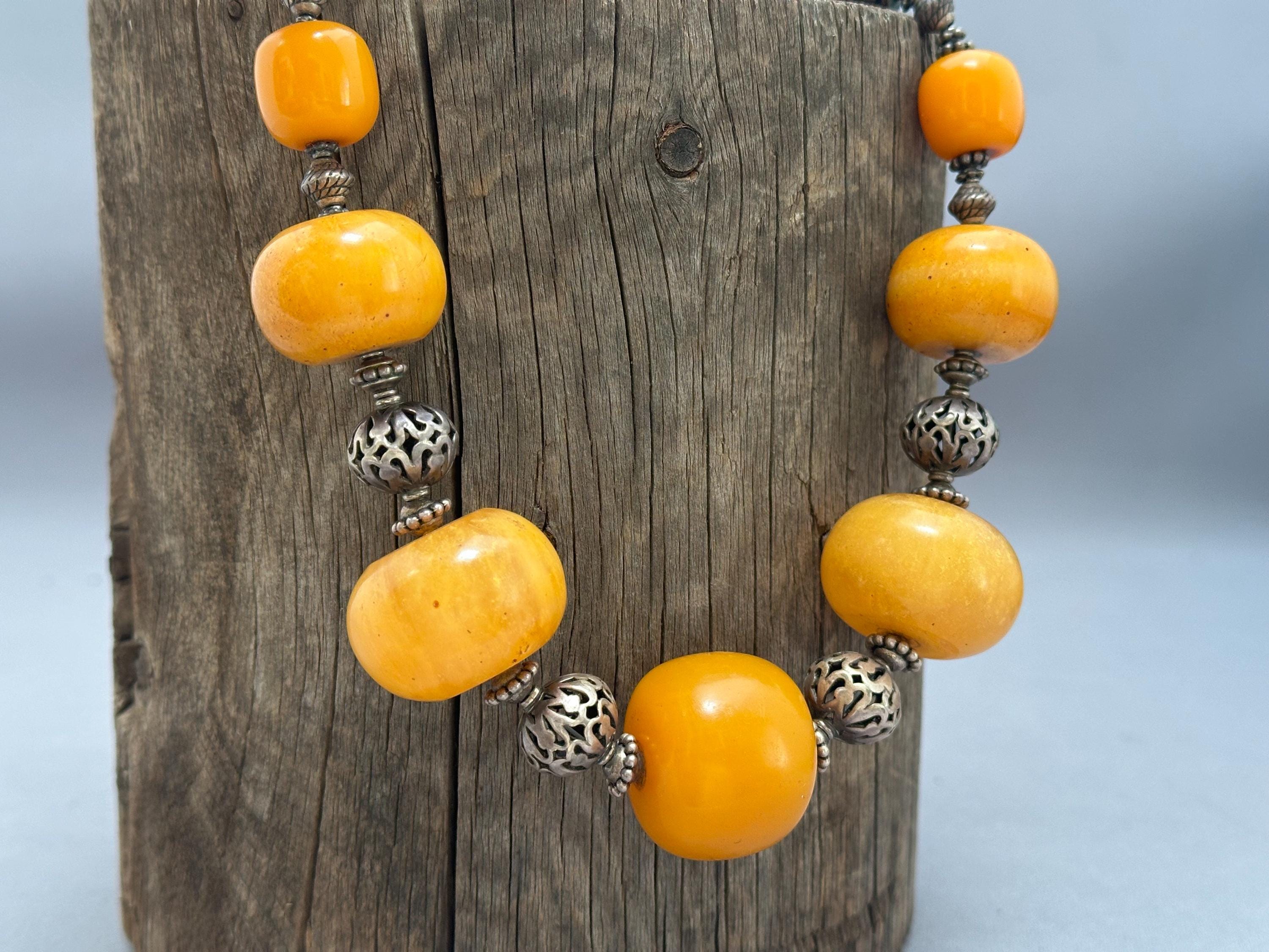 Vintage Sterling Silver Copal Amber Ethnic Necklace Large Copal Barrel Beads Choker Lightweight Bohemian Jewelry Etsy