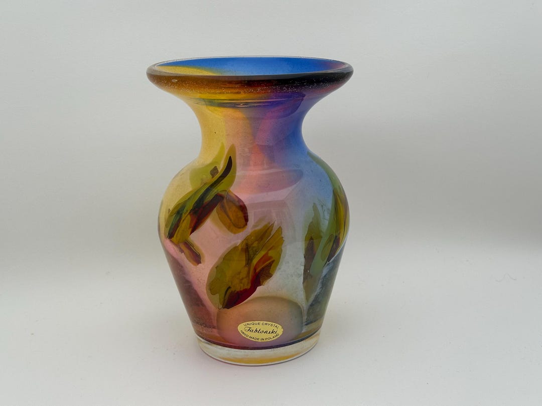 Hand Blown Large Jablonski Glass Vase Adam Jablonski Wide Rim Vase Artist Signed Vintage Glass ...