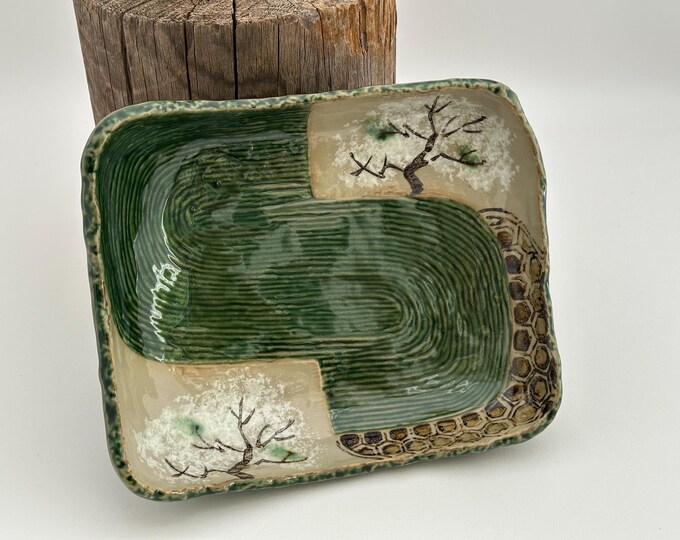 Vintage Footed Dish Oribe Ware Sakura Green Handmade Pottery Marked on ...