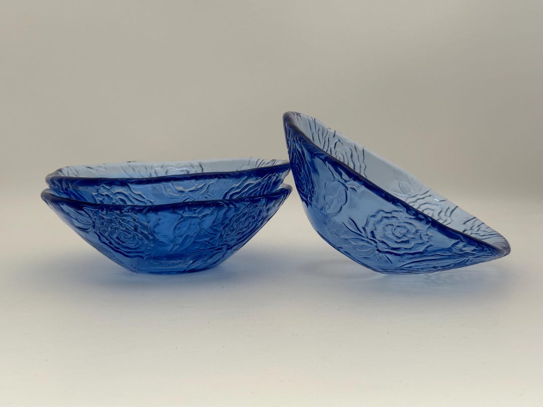 3 Pieces Italian IVV Heavy Blue Floral Glass Bowls Textured Italian ...