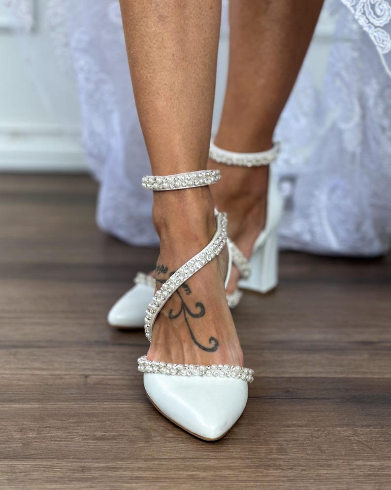 Handmade White Leather Bridal Heels, Pearl D'orsay Block Heel Wedding ...
