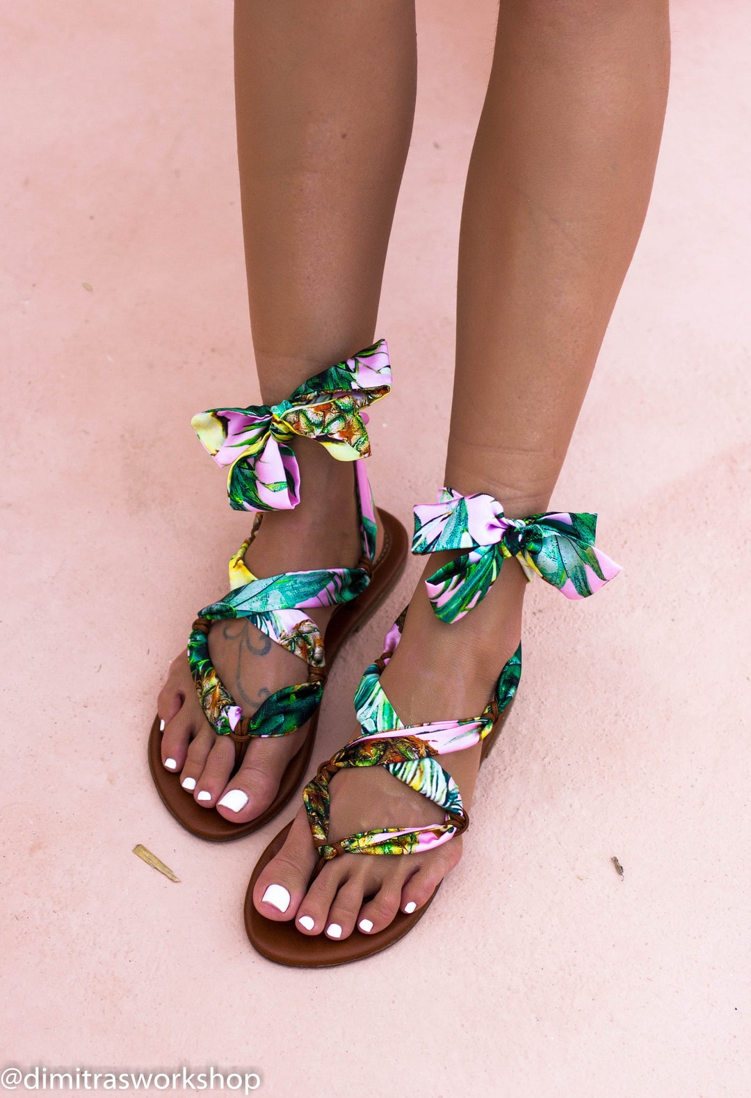 TROPICAL VIBES Soft Sole Sandals, Greek Leather Sandals, Ankle Wrap ...