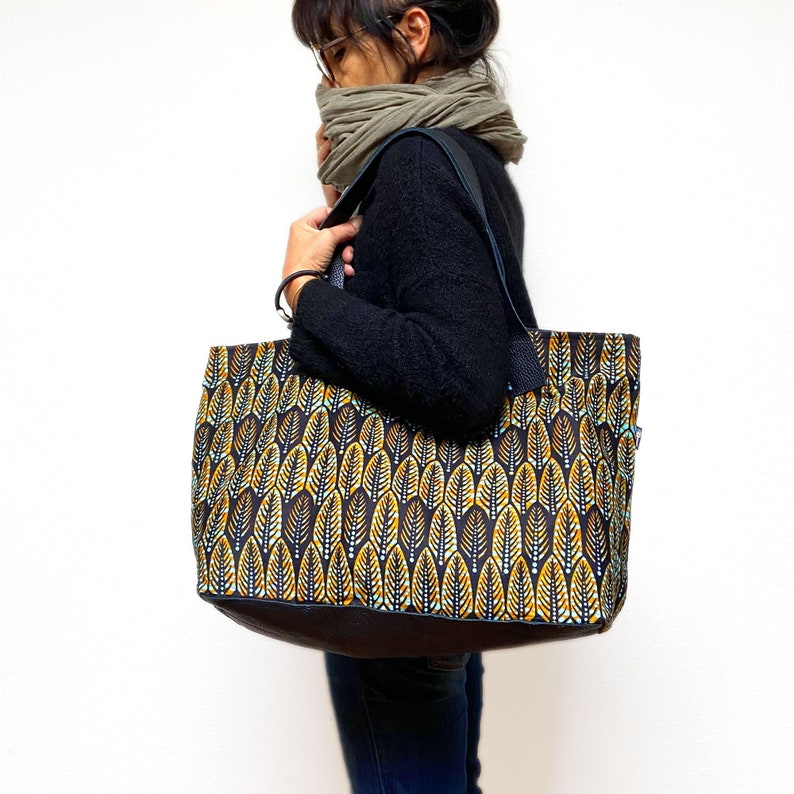 African Wax Print and Recycled Leather Bag, Large Eco-friendly Tote Bag ...