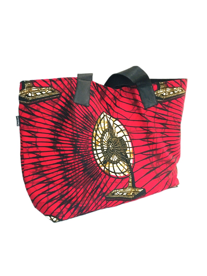 African Wax Print and Recycled Leather Bag, Large Eco-friendly Tote Bag ...
