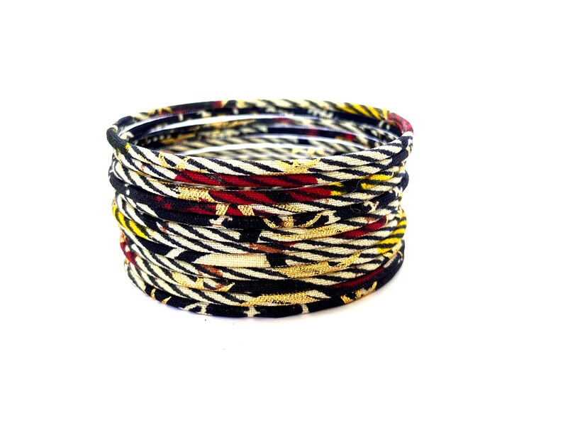 African Wax Gold Bangle Bracelets, Set of 3 Ankara Bangles With Black ...