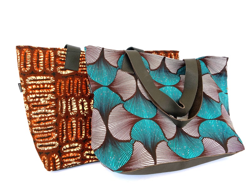 African Wax Print and Recycled Leather Bag, Large Eco-friendly Tote Bag ...