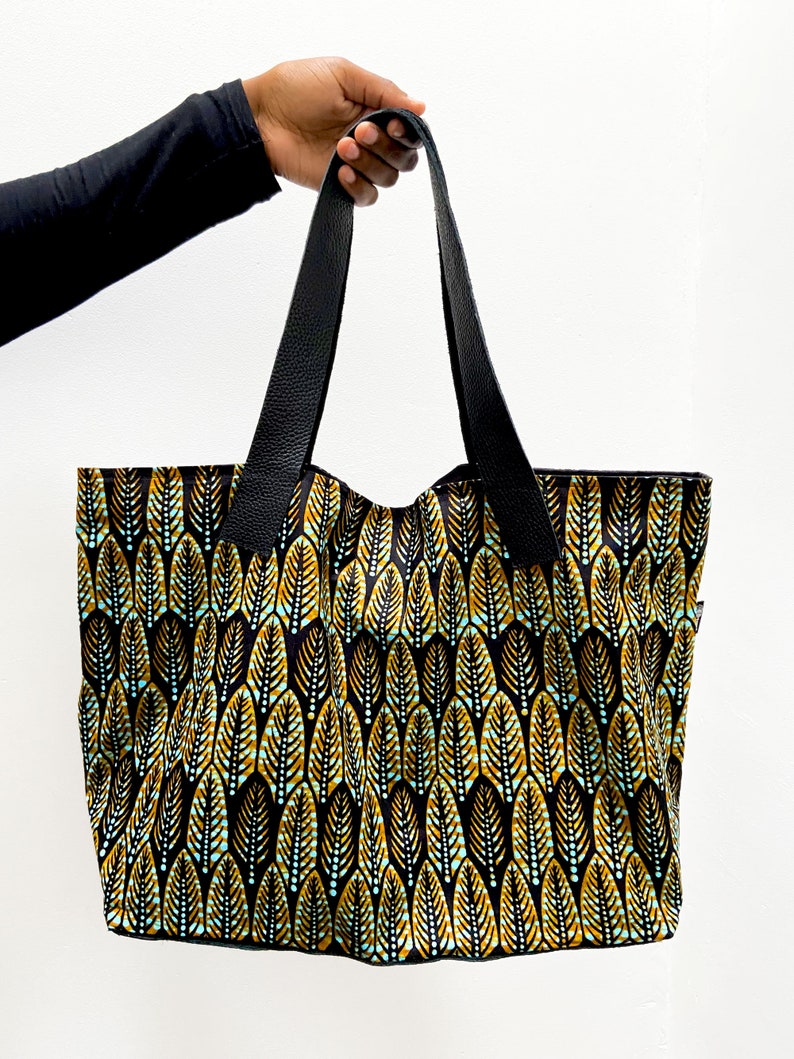 African Wax Print and Recycled Leather Bag, Large Eco-friendly Tote Bag ...