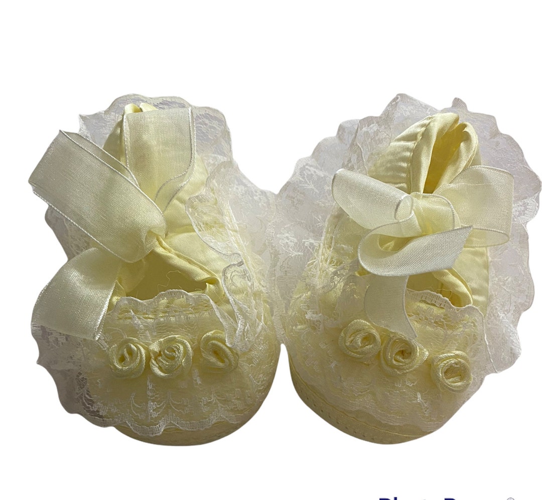 Baby Yellow Satin and Lace Shoes, Newborn Baptism Yellow Lace Shoes ...