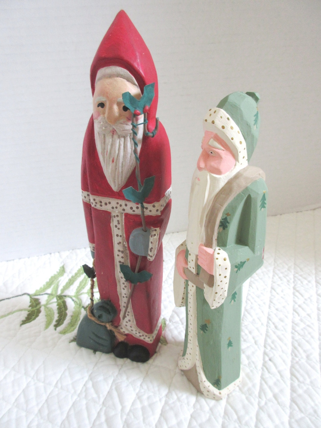 Vintage Pair of Carved Wooden Santas Tall Skinny Santas Red and Green ...
