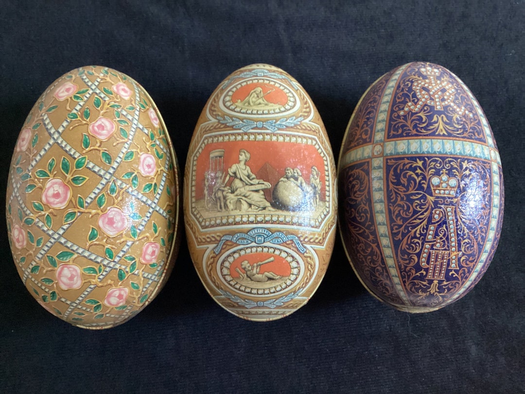 Vintage Set of Three Metal Egg With Illustrations Two Part Eggs That ...
