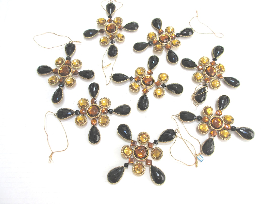 Vintage Set of 8 Black Gold Snowflake Ornaments Gold Christmas ...