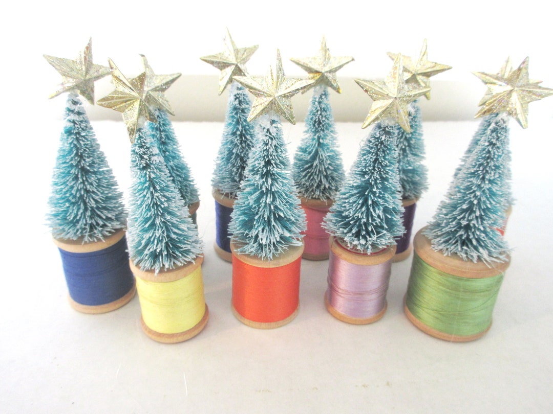 Vintage Set of Ten Miniature Bottlebrush Trees on Vintage Spools of ...