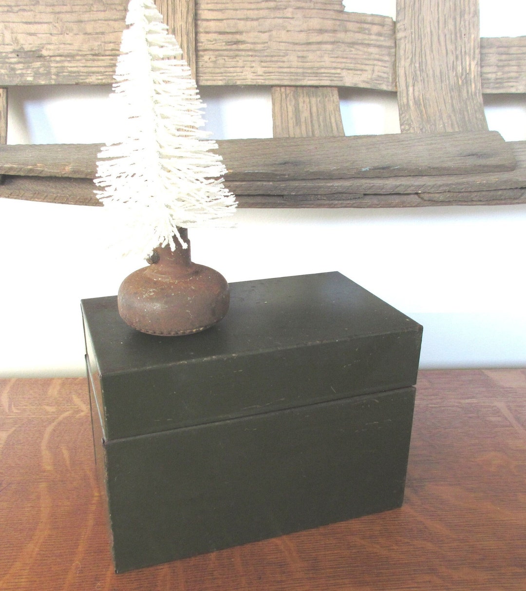 Vintage Dark Green Painted Metal Card File Recipe Box Hinged Box Desk ...