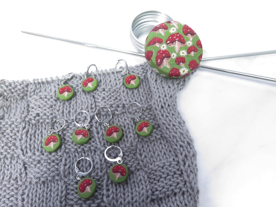 9 Stitch Marker in a Little Storage Container. Design Lucky Mushrooms ...