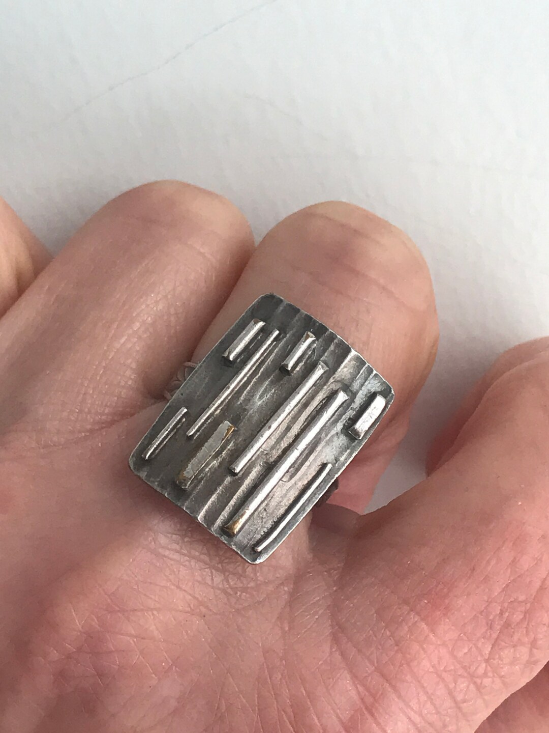 Vintage Modernist Silver Tone Rectangular Ring Marked Handmade Made in ...