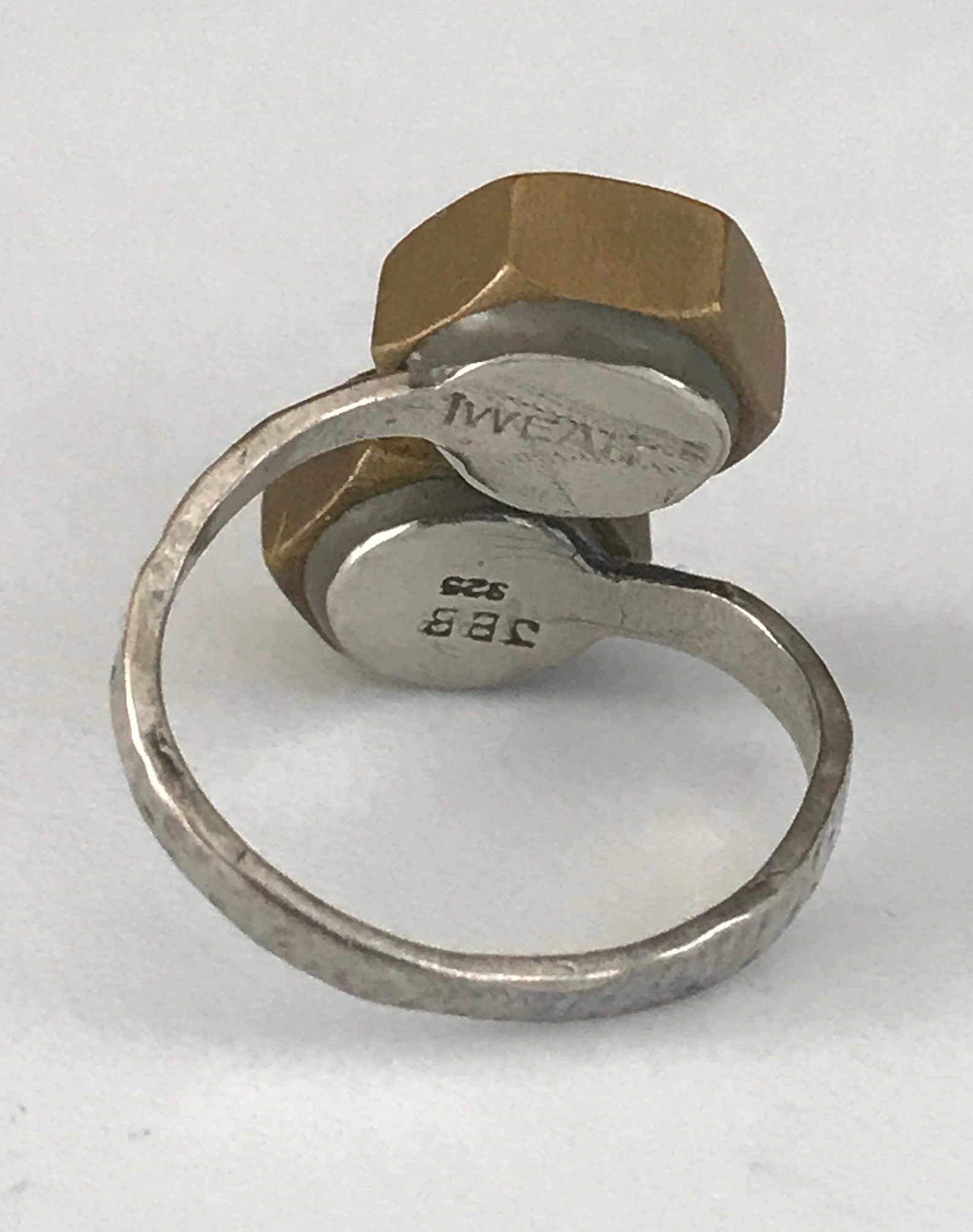 Unique Brass and Sterling Silver Double Nut Ring With Faceted Clear ...