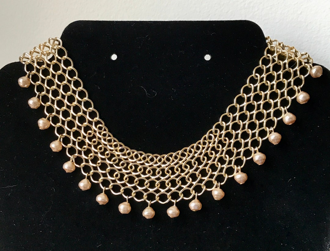 Vintage Liz Claiborne Gold Tone Chain Link Pearl Wide Choker Necklace ...