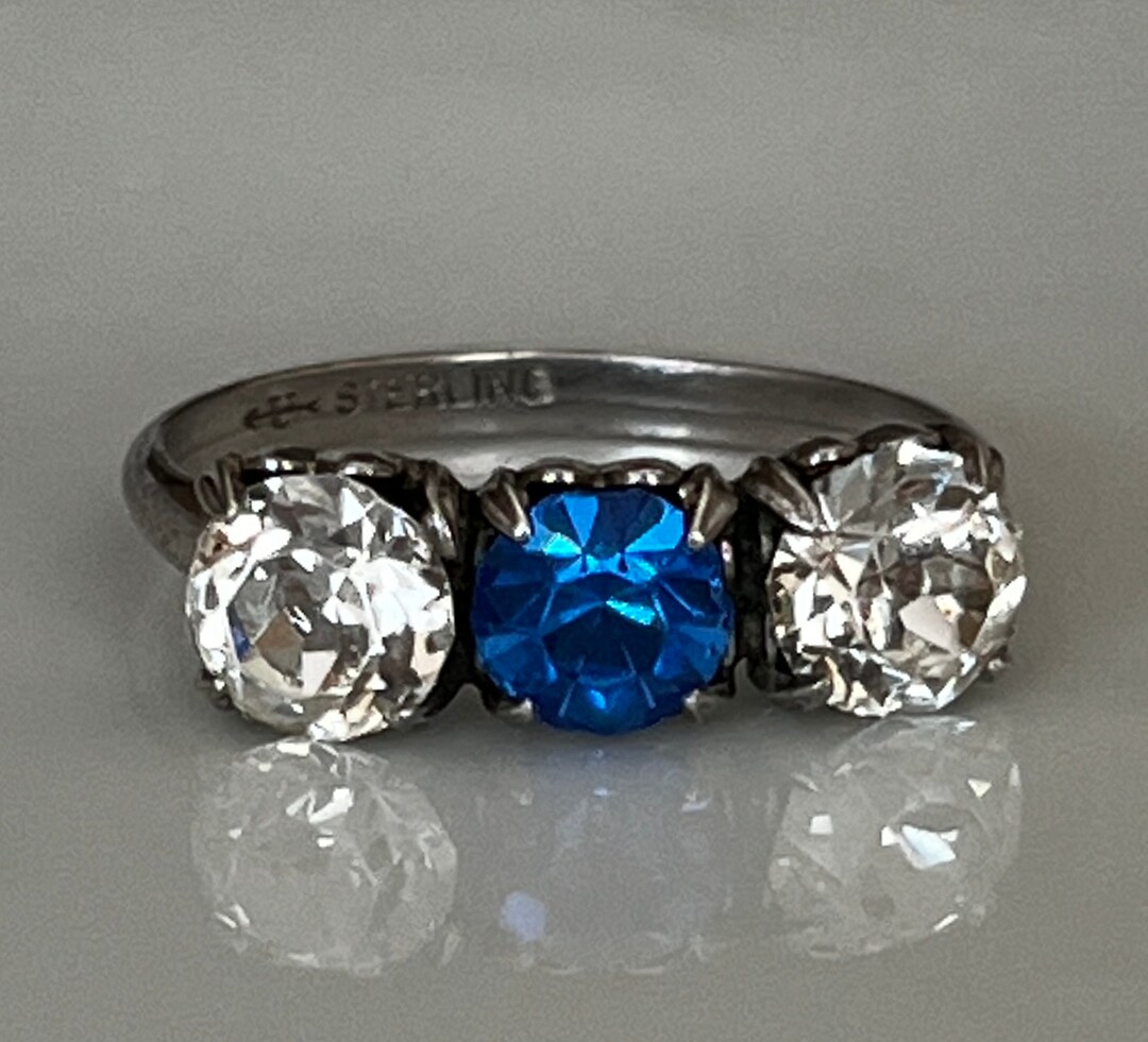 Vintage Sterling Silver Uncas Ring With Two Clear and One Blue Paste ...