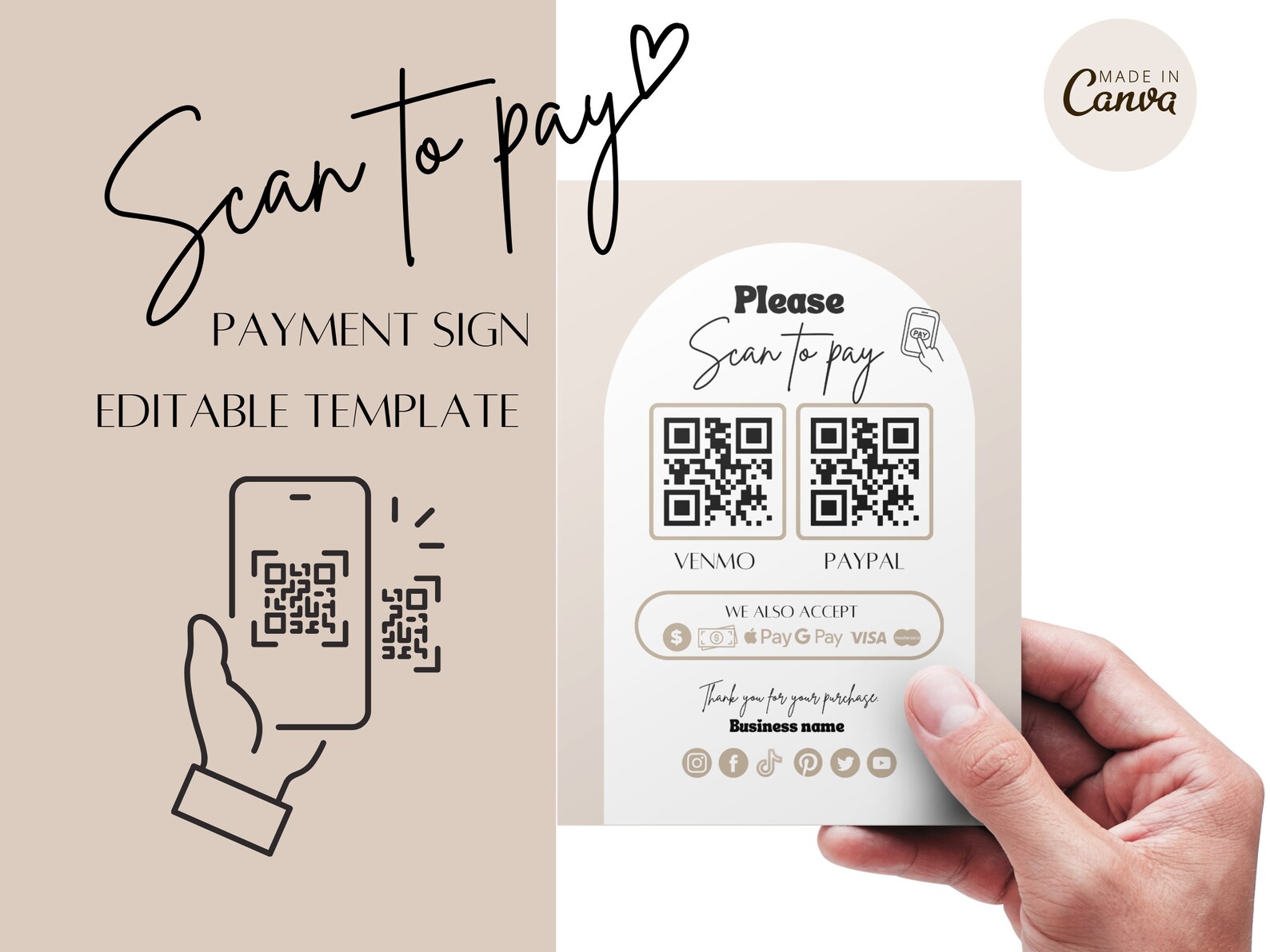 Editable Payment Templates/ Scan to Pay Template/ Customized QR Sign ...