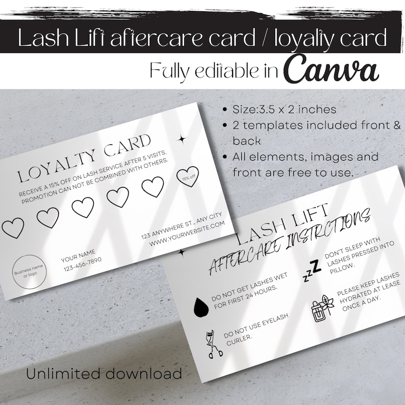 Lash Lift Aftercare Card / Loyalty Card Templates *** Fully Editable ...