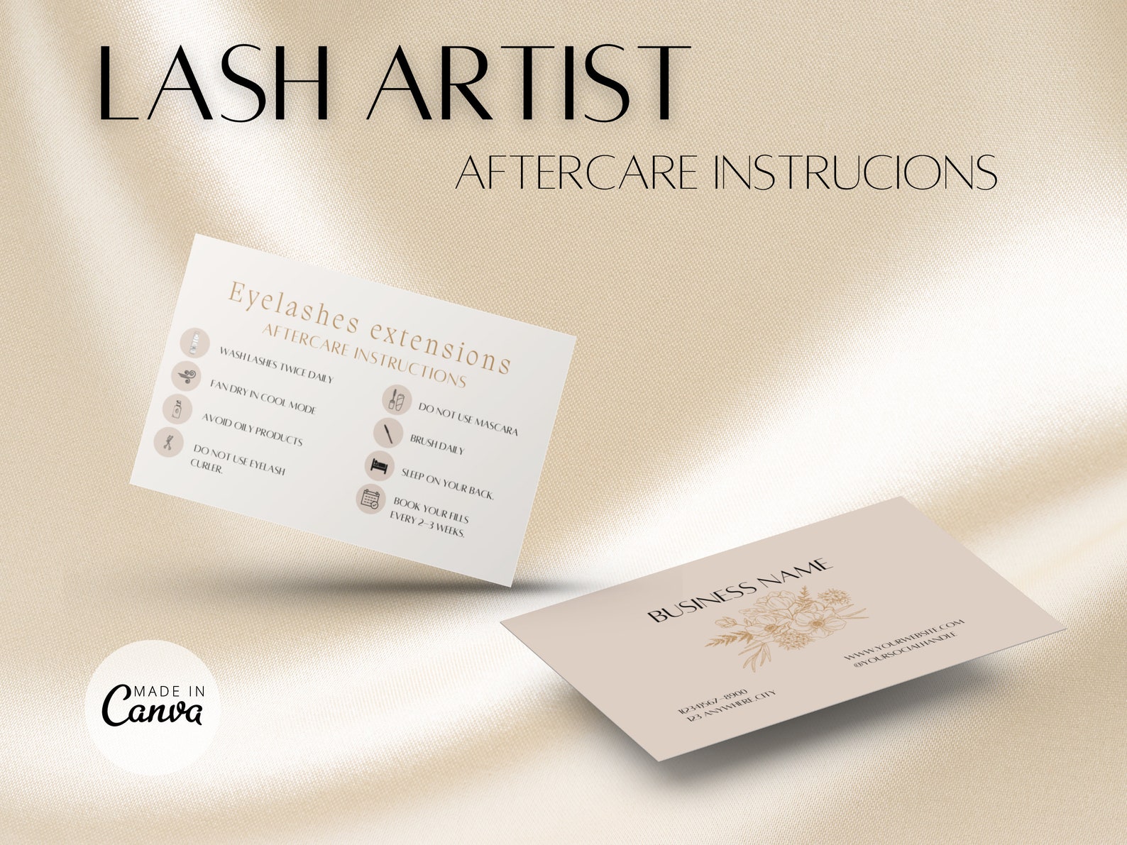 Beige Lash Aftercare Card - Lash Extensions Care Card - Beauty Salon ...