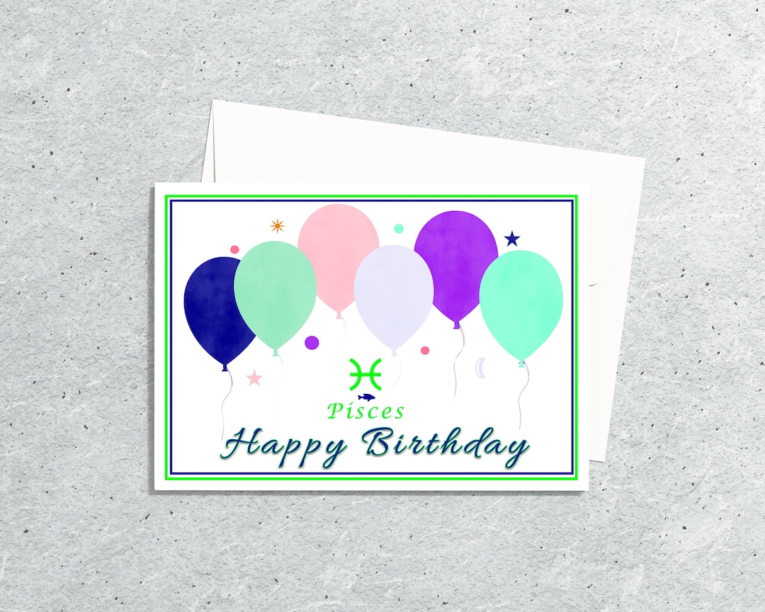 Pisces Birthday Card – Watercolor Balloons, Zodiac Star Sign, 5x7 ...