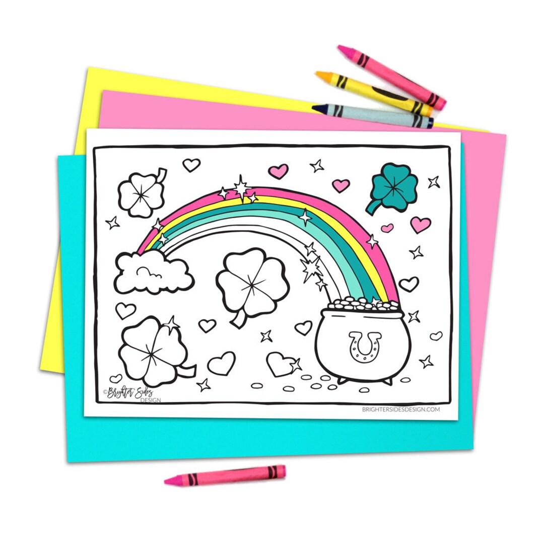 Printable St Patrick's Day Coloring Page, Rainbow, Shamrock, Four Leaf ...