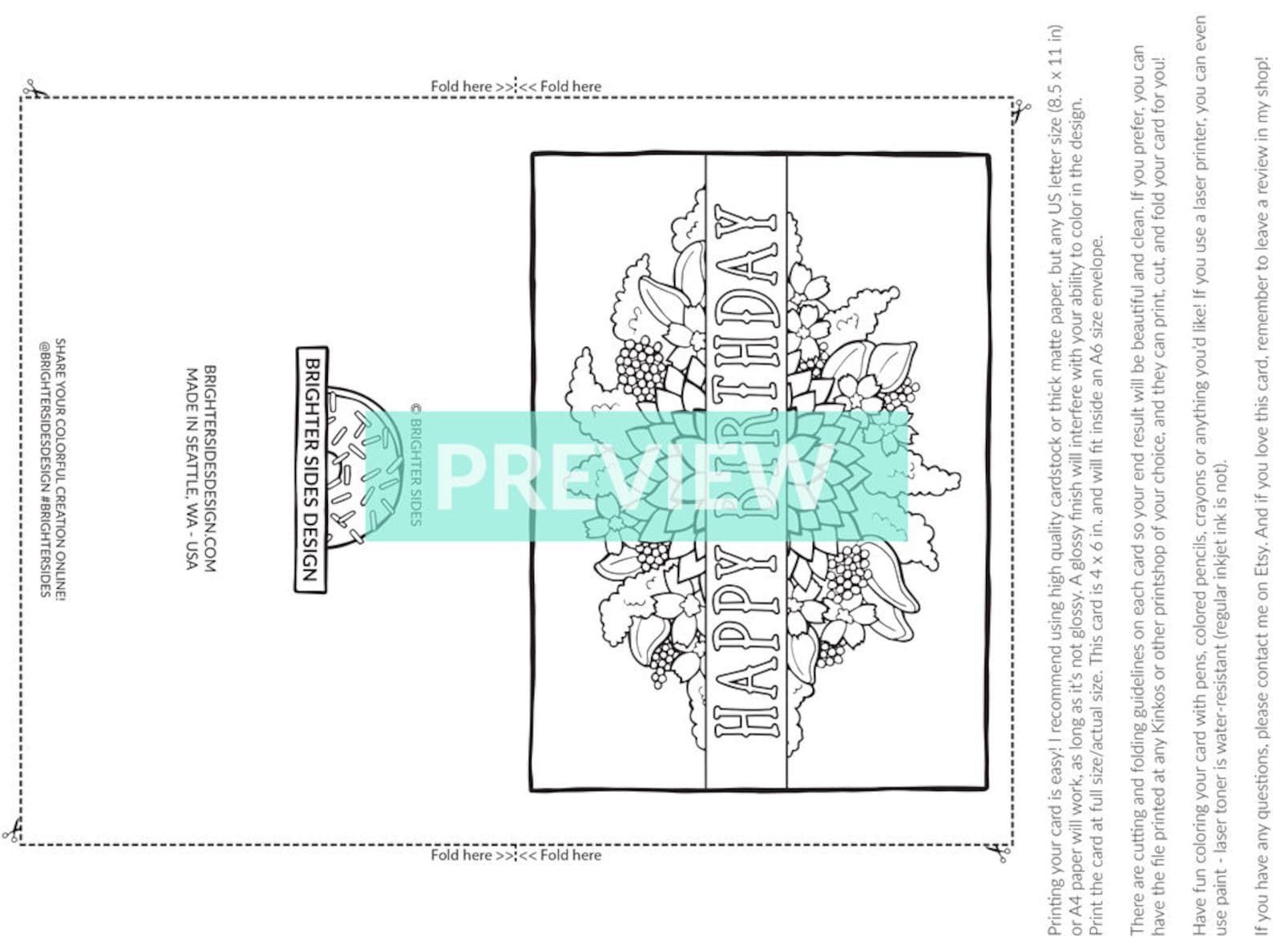 Printable Birthday Card, Adult Coloring Card, Floral Pretty Flowers ...