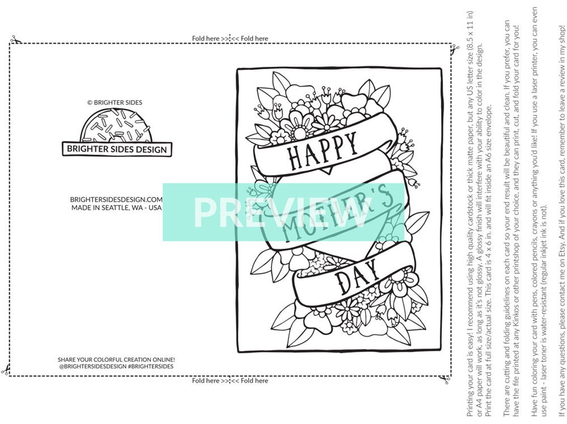 Printable Mother's Day Card, Coloring Card, Happy Mothers Day, Greeting ...