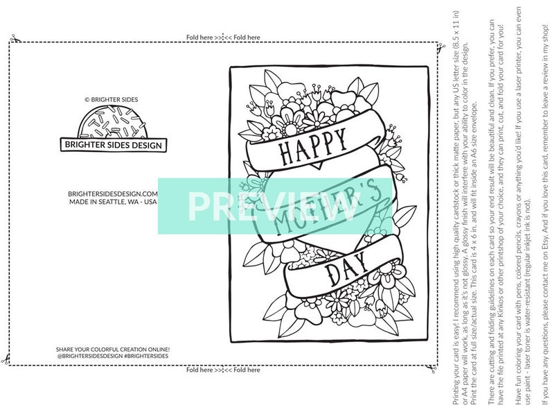 Printable Mother's Day Card, Coloring Card, Happy Mothers Day, Greeting ...
