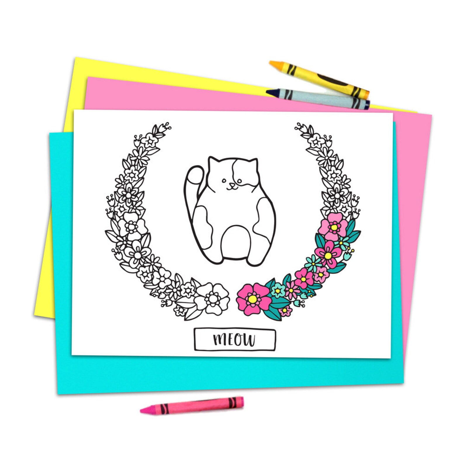 Printable Cat Coloring Page - Meow - Adult Coloring - Floral Wreath ...