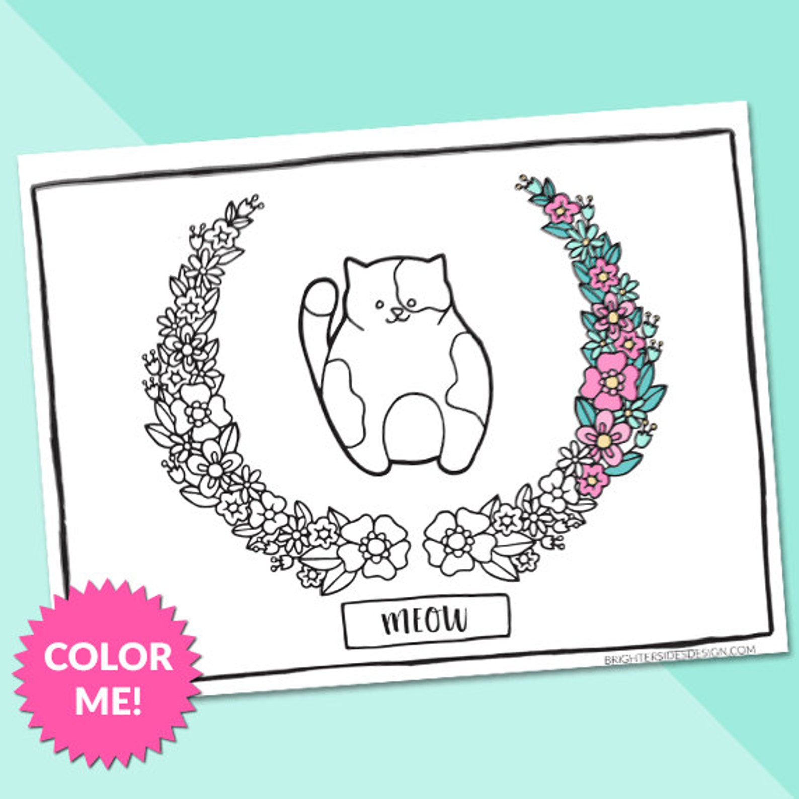 Printable Cat Coloring Page - Meow - Adult Coloring - Floral Wreath ...