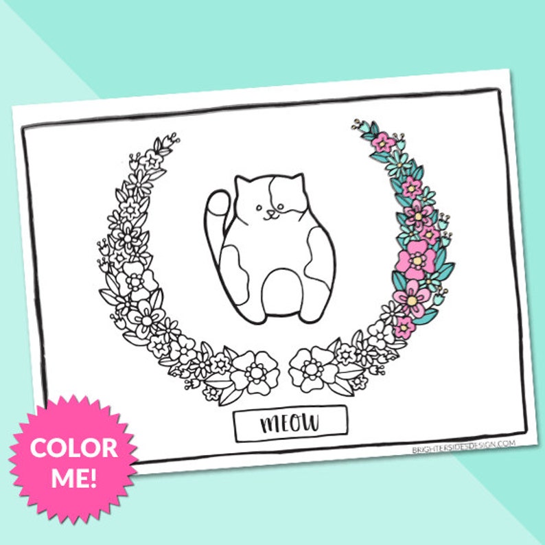 Printable Cat Coloring Page - Meow - Adult Coloring - Floral Wreath ...