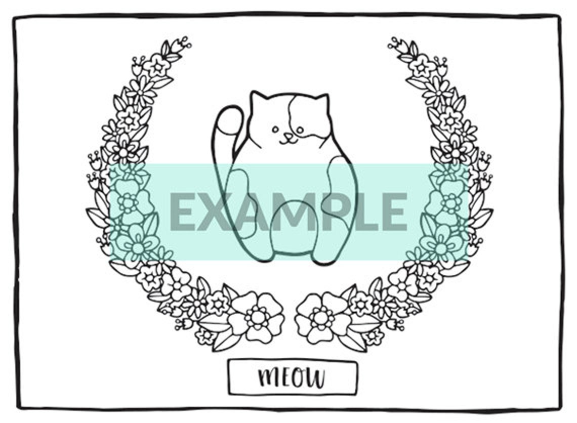 Printable Cat Coloring Page Meow Adult Coloring Floral Wreath Cute ...