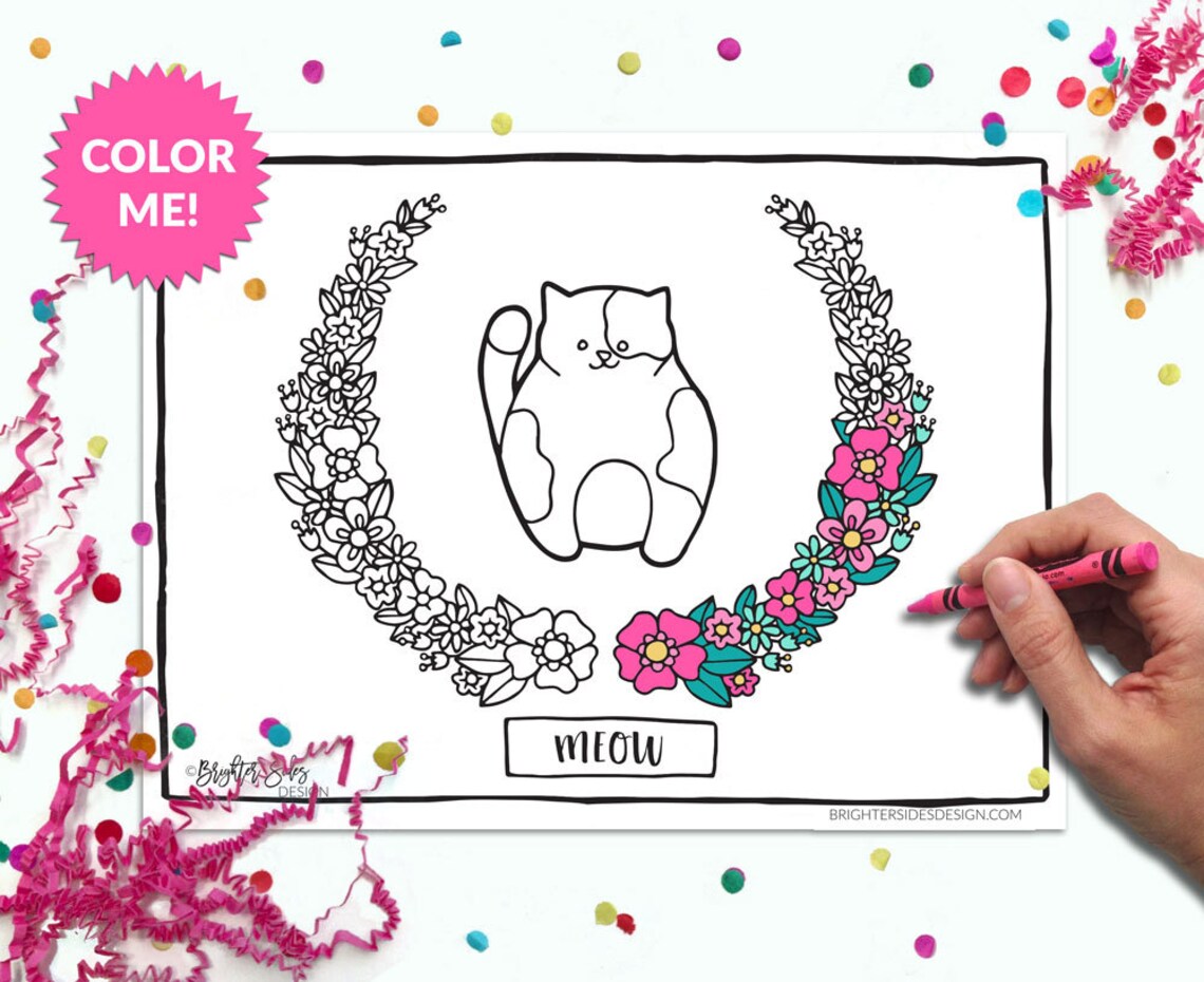 Printable Cat Coloring Page Meow Adult Coloring Floral Wreath Cute ...