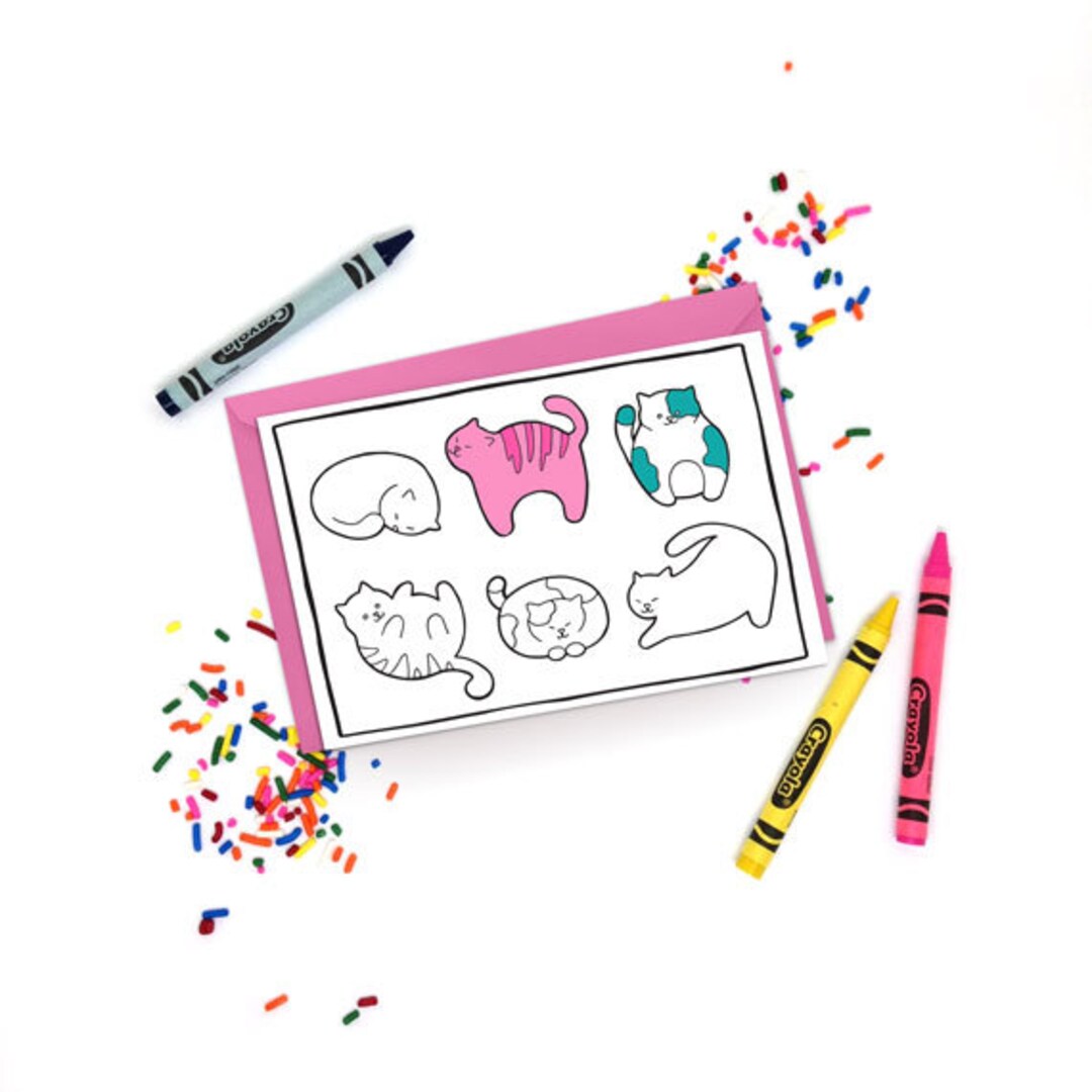 DIY Cat Lovers Printable Card Adult Coloring Cute Cats Coloring Card ...